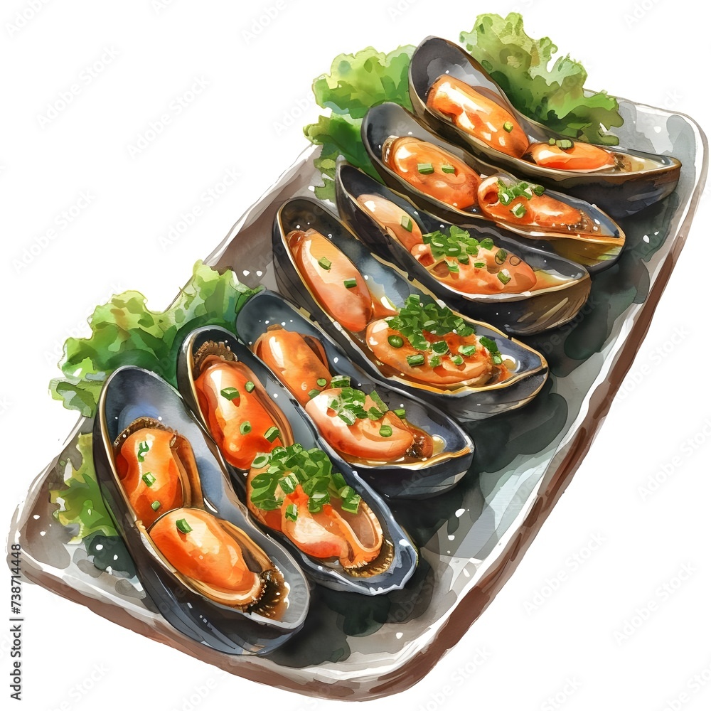 Mussels arrangement on long dish, type of meat, cute cartoon, full body ...