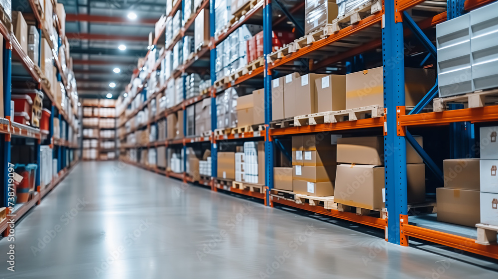 Background interior of a well-organized warehouse with tall shelves ...