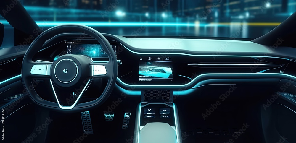 Interior of a futuristic car with electronic controls and dashboard ...