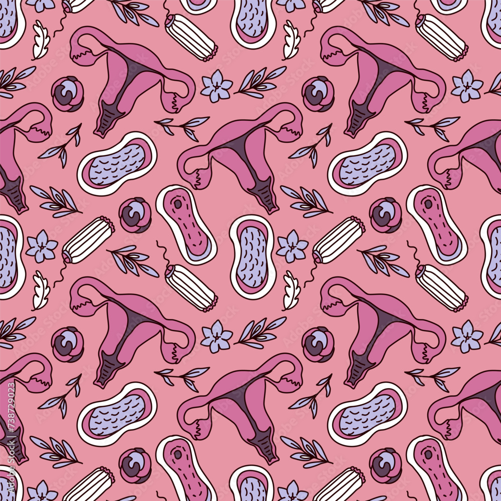 Seamless pattern with hand drawn doodle female reproductive organs ...