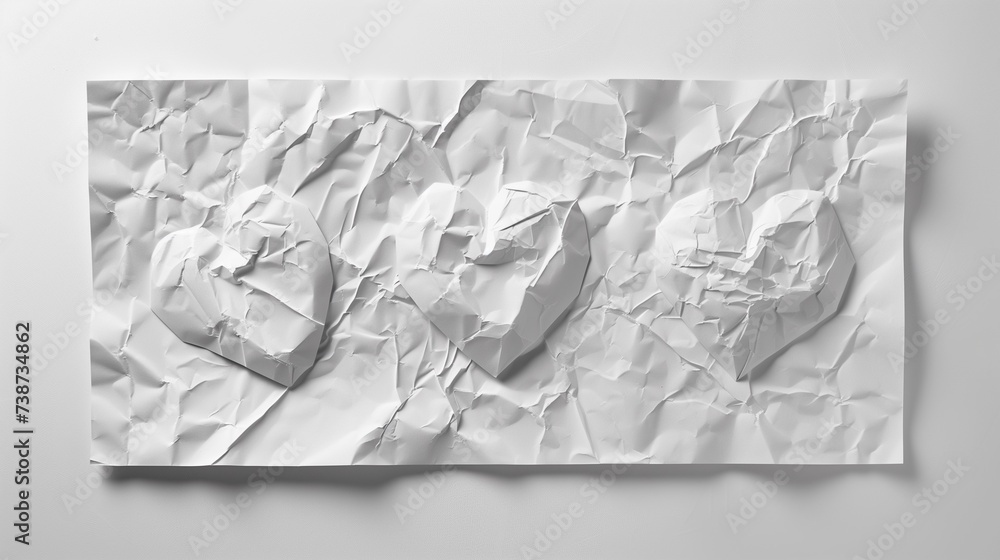 wrinkled rectangular sheet of paper casting shadows on a white ...