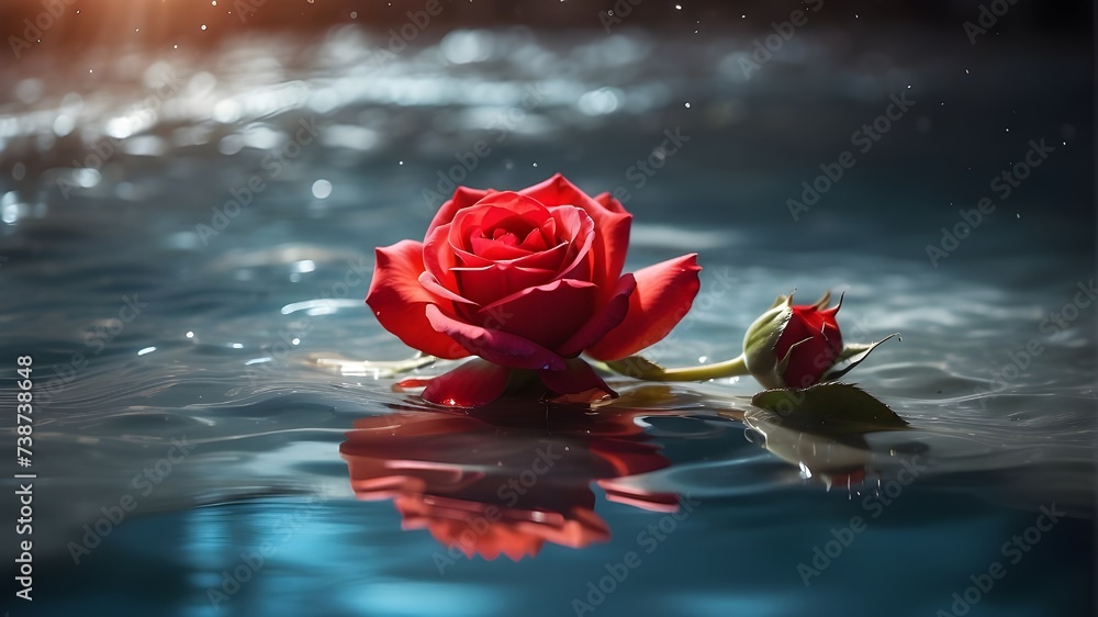 red rose in water in the morning, A vibrant red rose floating ...