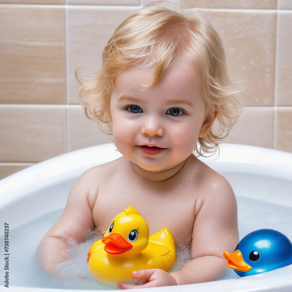Portrait of happy laughing baby bathing in bathtub with yellow toy duck ...