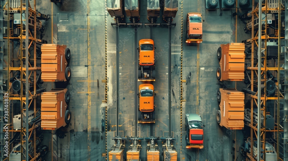 Overhead view of AGVs coordinating on laser-guided routes for optimized ...