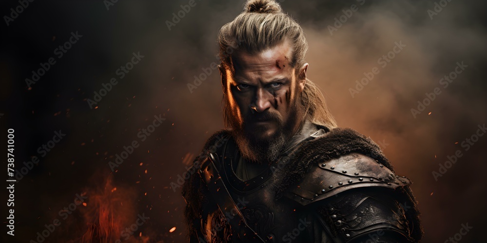 Assertive Viking warrior dramatically wielding a mighty sword to ...