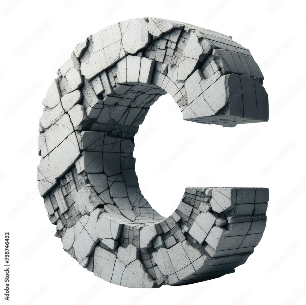 Letter C. Cracked apocalyptic letter. 3D concrete old cracked alphabet ...
