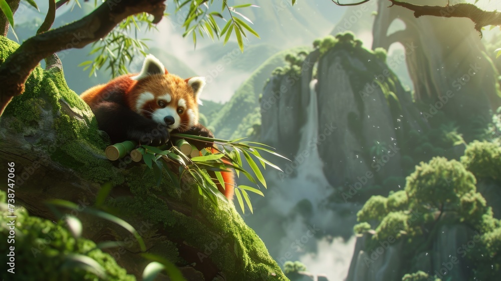 Red Panda Exploring Lush Foliage - A curious red panda explores the ...