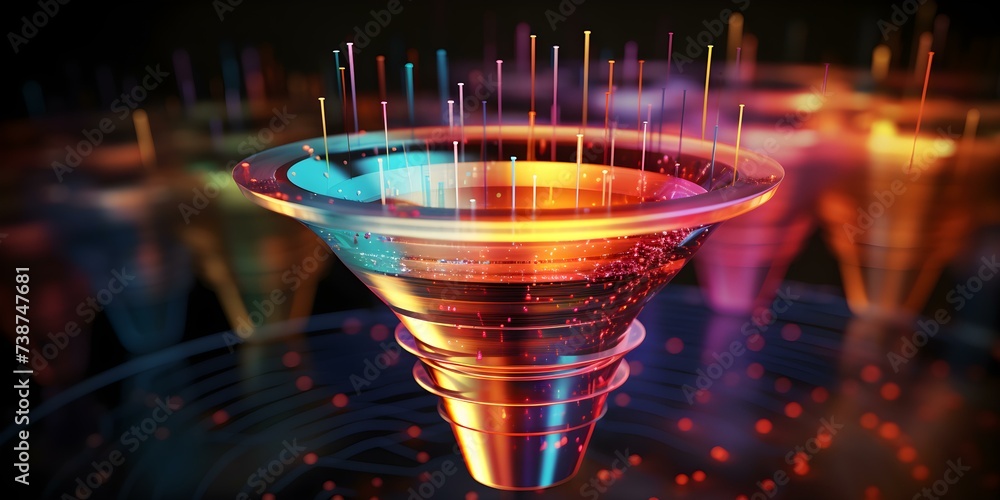 Digital marketing funnel holographically displaying live data and ... Digital marketing funnel holographically displaying live data and ...