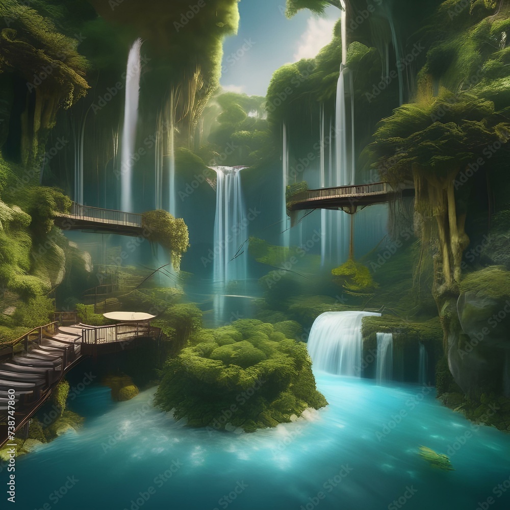 A surreal dreamscape, with floating islands and waterfalls, creating a ...