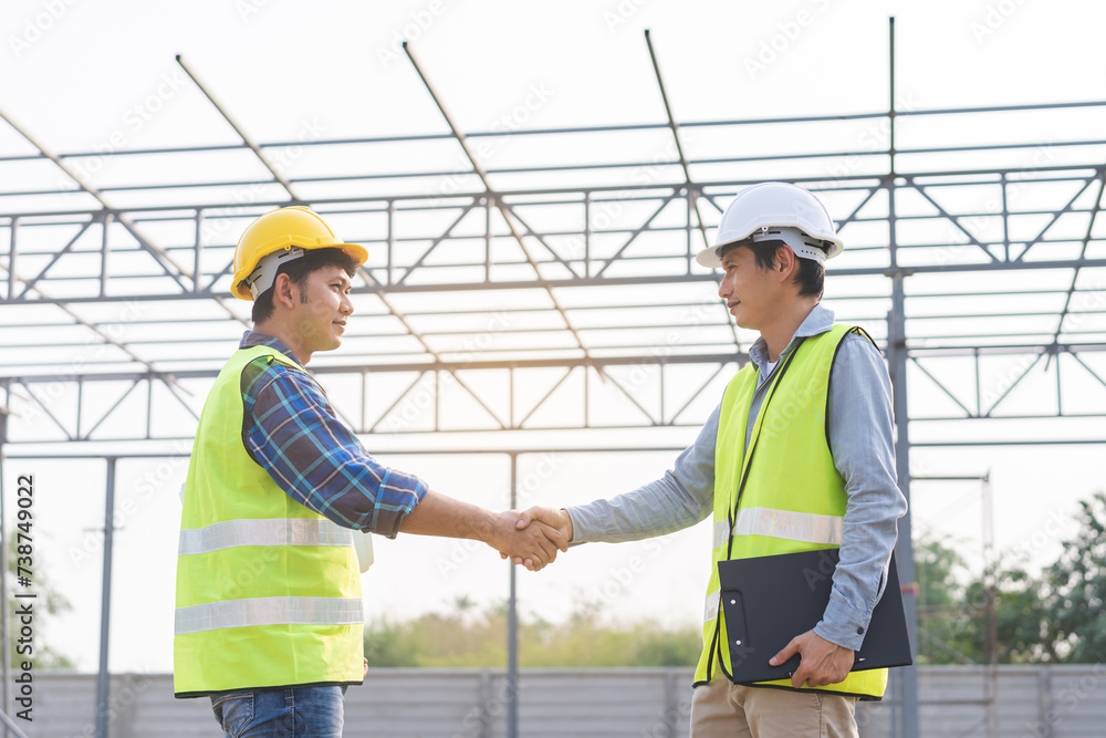 Engineer team building, teamwork contractor asian young man partnership ...