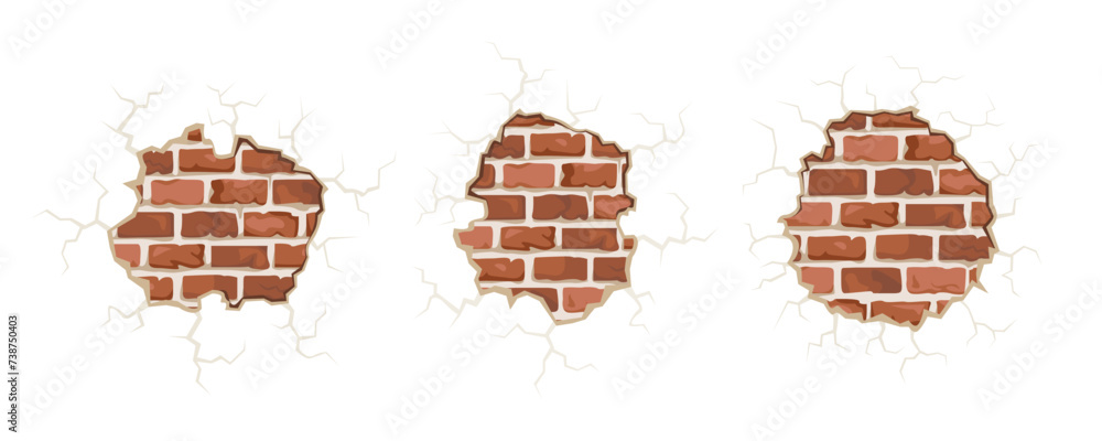 Holes in broken wall and old bricks. Vector cracks in wall set. Cartoon ...