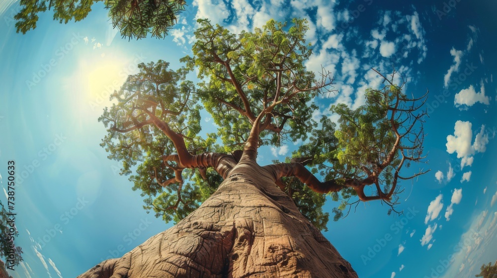 Large baobab tree view from below. Closeap tree trunk with bark and ...
