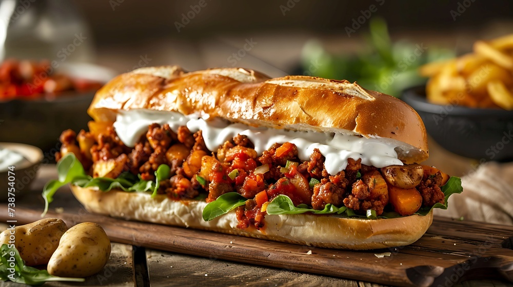 Mexican pambazo sandwich with chorizo, potatoes, lettuce, salsa, and ...