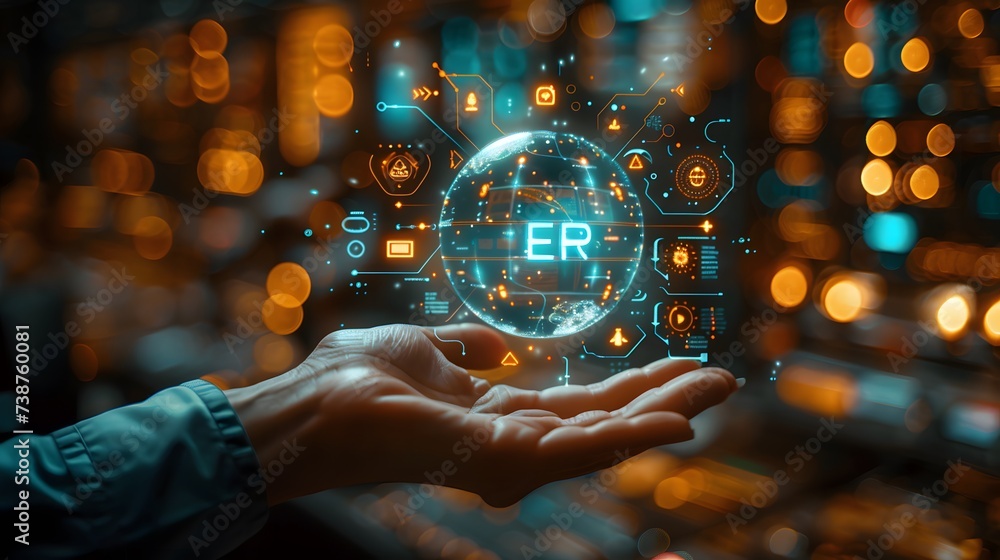 Hand holding a transparent globe with ERP system holographic projection ...