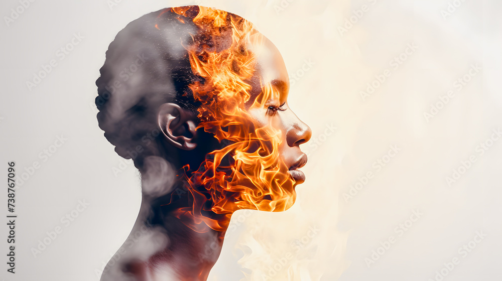 Fire in the head. Double face exposure side profile of a young woman ...