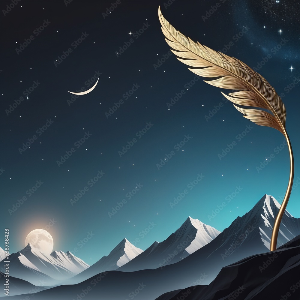 digital painting of golden feather and golden crescent moon on the hill ...
