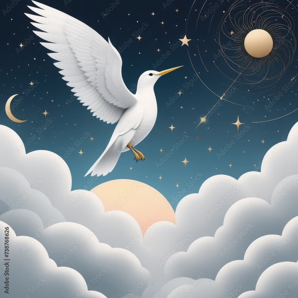 white moon and flying stars with flying birds. night sky and moon ...