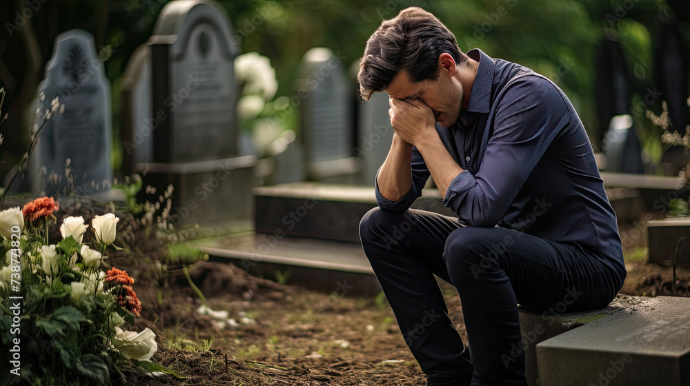 Christian man crying next to a grave with a headstone for a deceased relative in the family ...