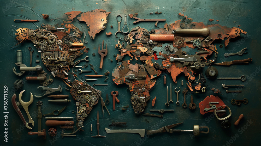 World map made of rusty tools. All continents of the metal world Stock ...