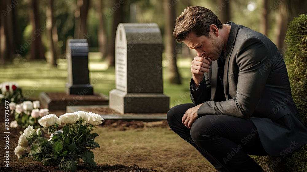Christian man crying next to a grave with a headstone for a deceased ...