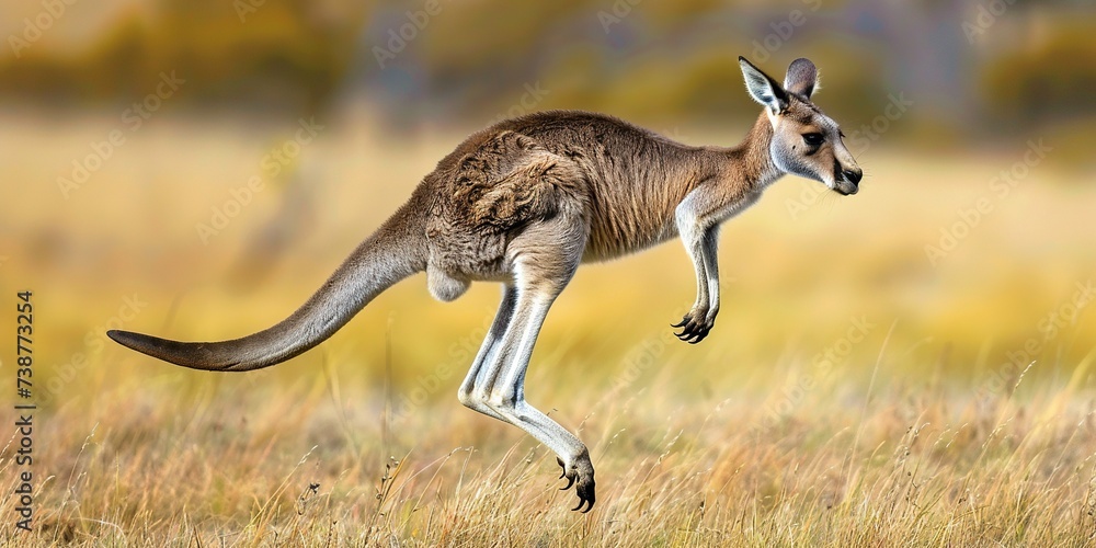 Kangaroo mid-leap, its muscular legs and focused gaze caught in a close ...