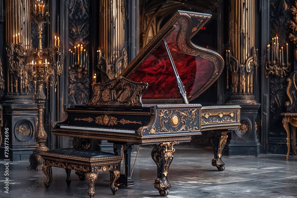 Antique piano in the dark interior of the royal palace of victorian era ...