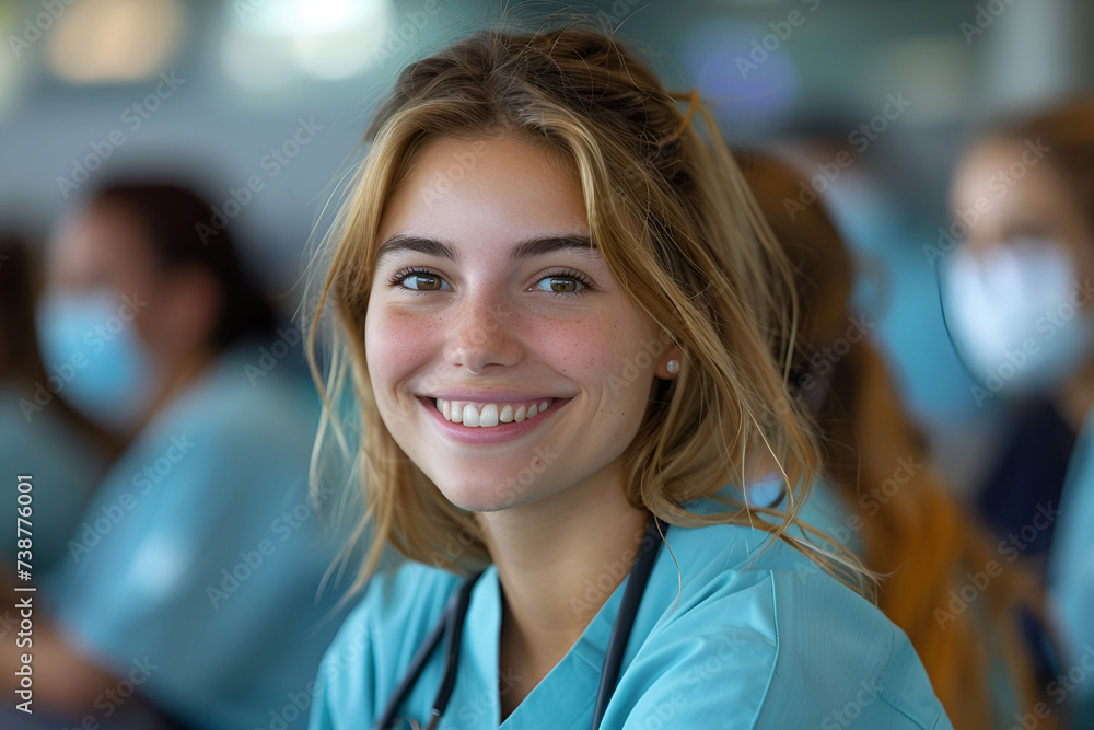 smiling cheerful nurse doctor sit relax in seminar training class nurse ...