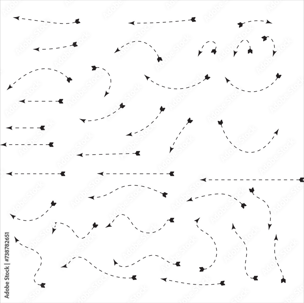 Set of blue dashed hand-drawn arrow signs or symbols. Dashed hand drawn ...