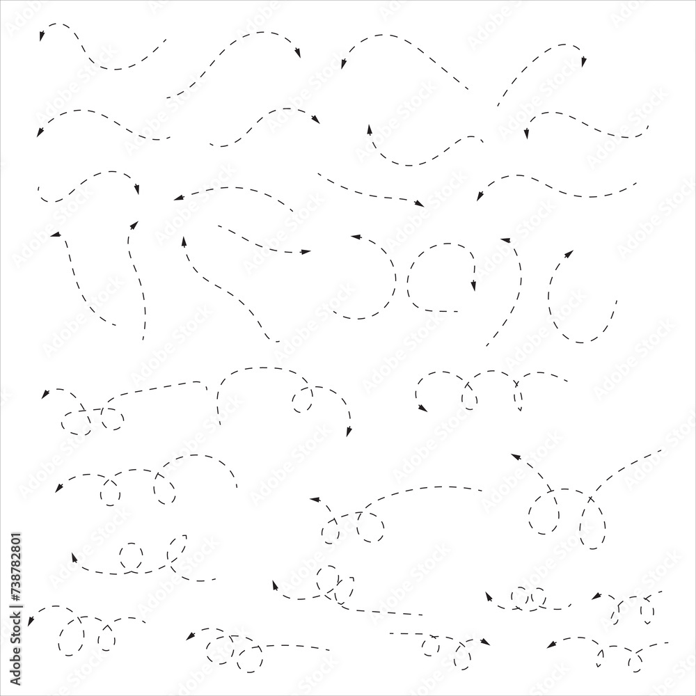 Set of blue dashed hand-drawn arrow signs or symbols. Dashed hand drawn ...