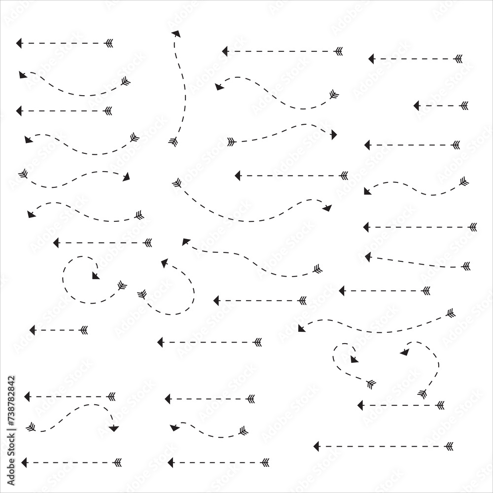 Set of black dotted arrows in doodle style. Broken arrows in the form ...