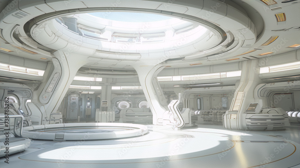 Futuristic interior of a spaceship, white and gold, with a large ...