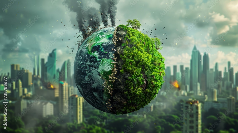 Eco Solution Conecpt. Half sphere of planet earth with and without ...