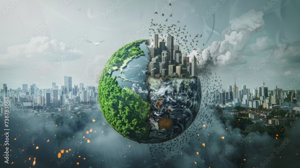 Eco Solution Conecpt. Half sphere of planet earth with and without ...