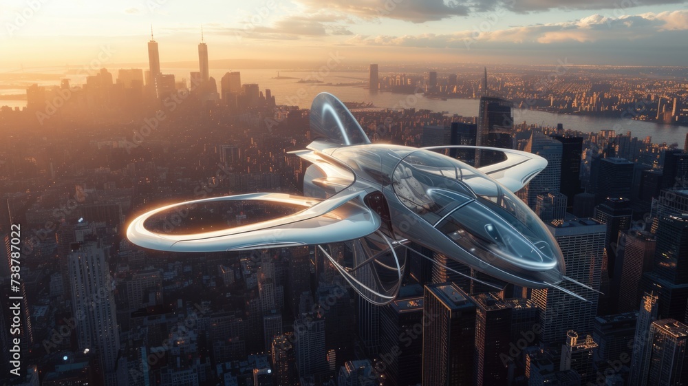 Futuristic Flying Vehicle Soaring Over Urban Skyline at Sunset ...