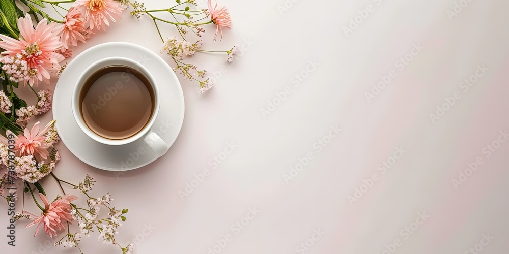 The magic of a spring morning, a cup of hot coffee on a soft pink ...