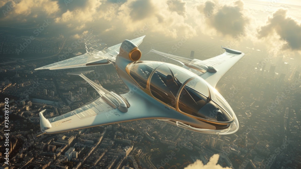 Futuristic Flying Vehicle Soaring Over Urban Skyline at Sunset ...