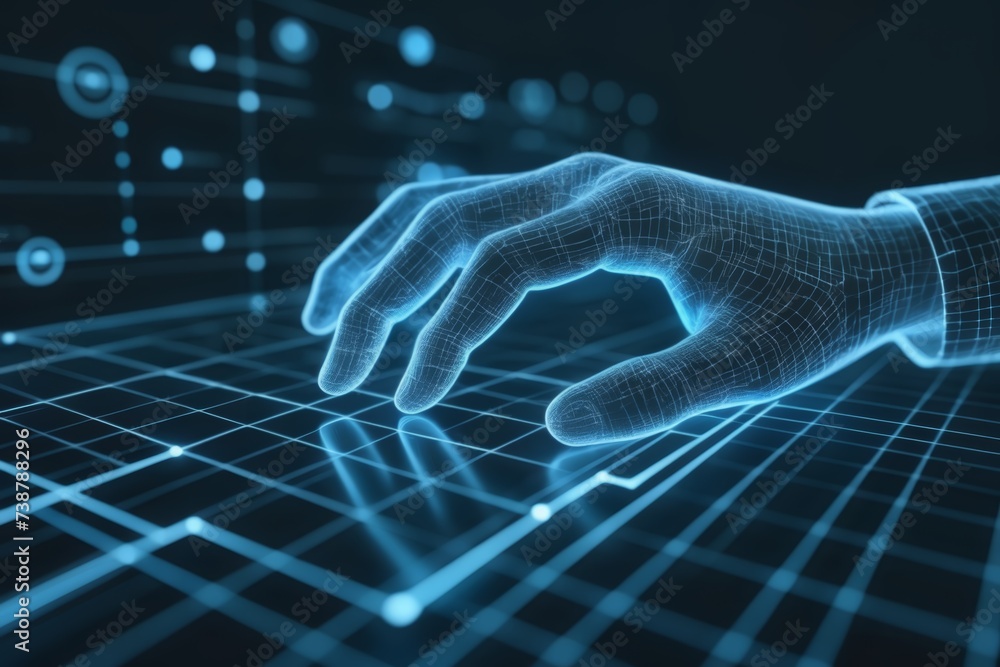 Virtual reality, AI hand touching modern interface. Digital UI ...