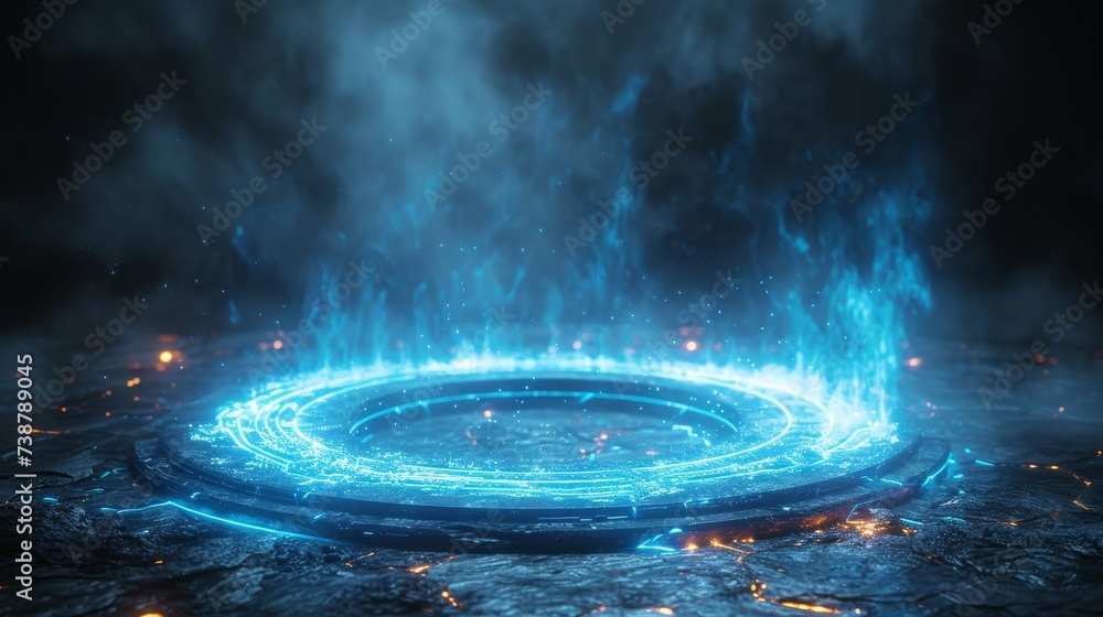 A glowing blue magical circle radiates light and energy on a dark ...