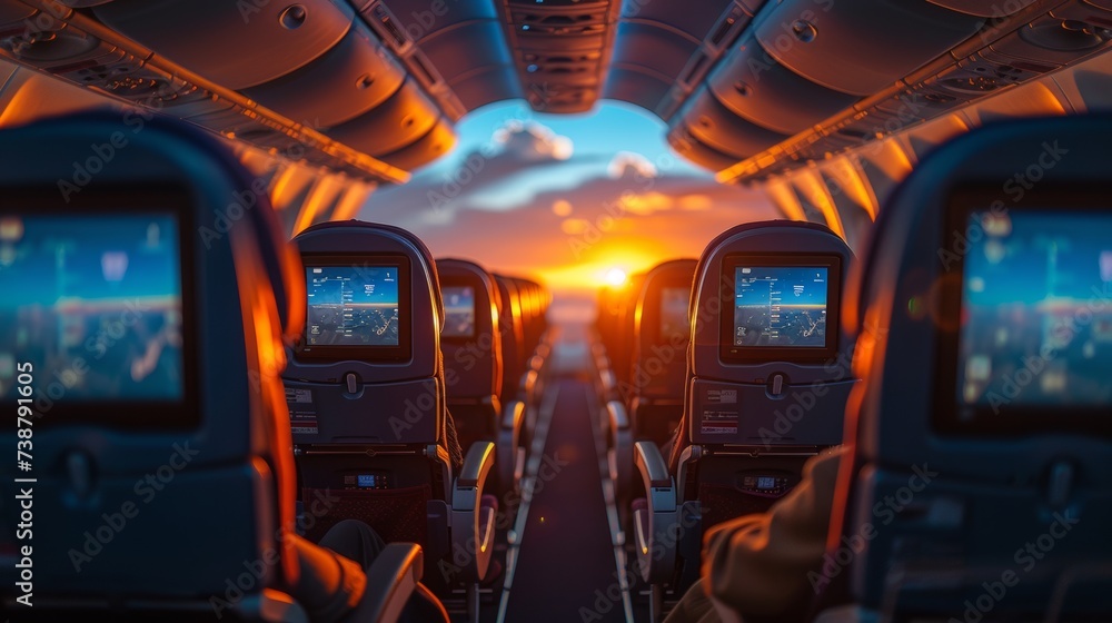 Airplane interior with rows of seats, personal screens, and a view of a ...