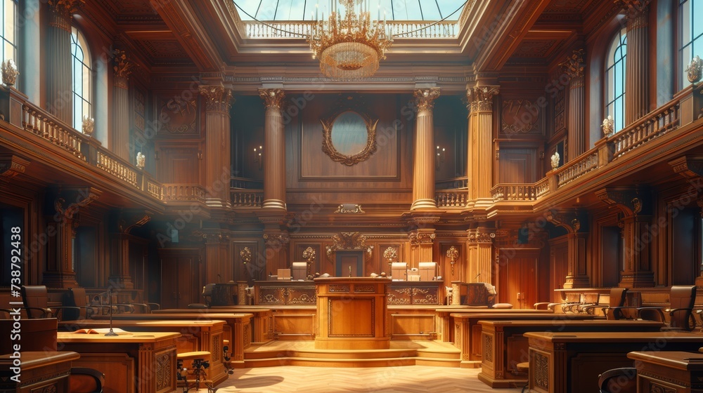 An opulent courtroom with elegant wooden paneling, grand chandelier ...