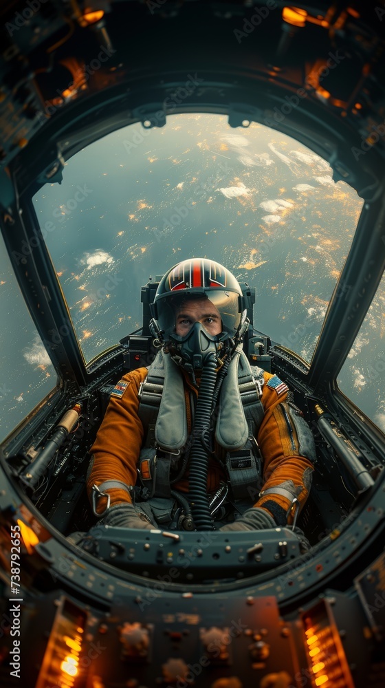 A pilot in an orange flight suit looks upwards, inside a cockpit, with ...