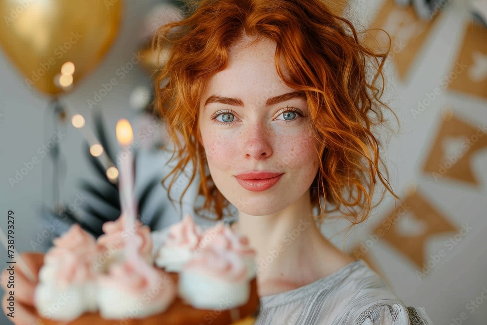 A joyful woman with fiery red locks and charming freckles stands ...