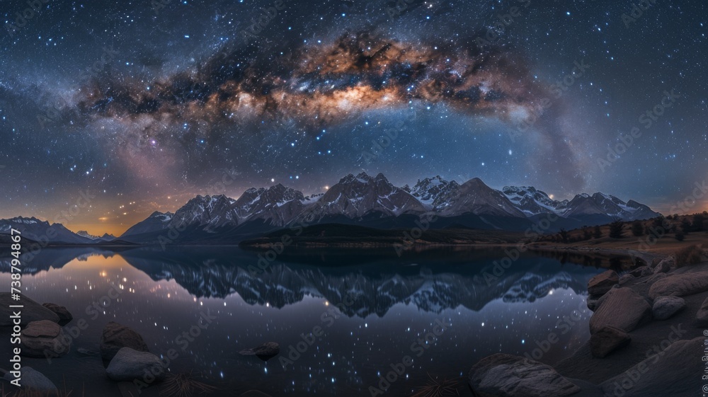 Milky Way galaxy arching over a serene mountain lake, reflection of ...