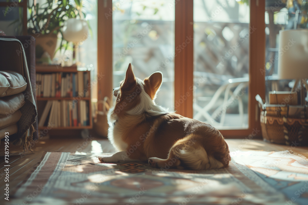 The Corgi dog is patiently waiting for its owner to return in the cozy ...
