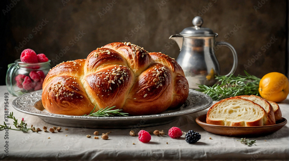 Challah, a Jewish braided bread served on Sabbath and holidays. Plate ...