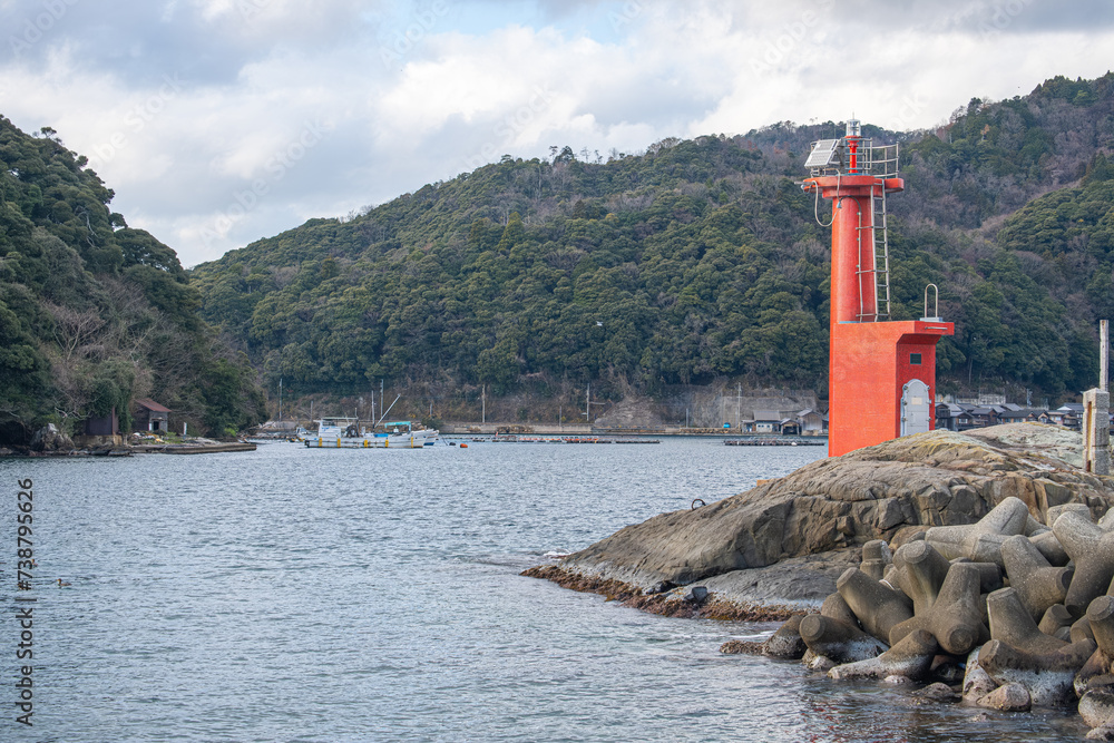 red tower at Funaya house with boat and sea of Ine bay at Ine Kyoto ...