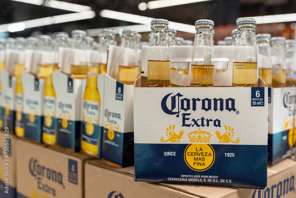 Pack of Corona Extra Beer. Corona Extra glass bottles at the grocery ...