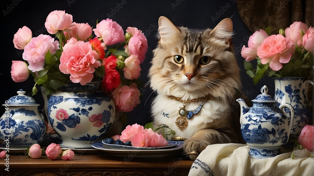 Ilustrace „Traditional Still Life featuring a Cat and a Flower Display ...