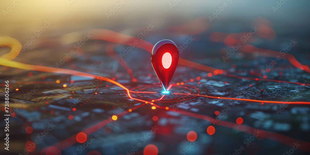 Glowing red marker stands out on the digital map, marking your ...