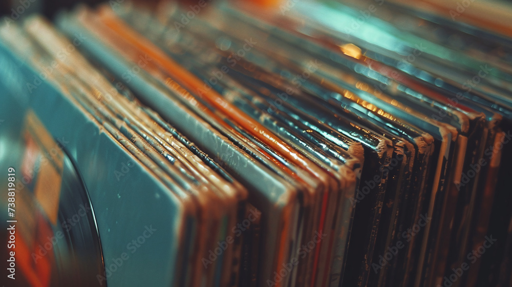 Vintage Vinyl Record Albums in a Row. A close-up perspective of aged ...